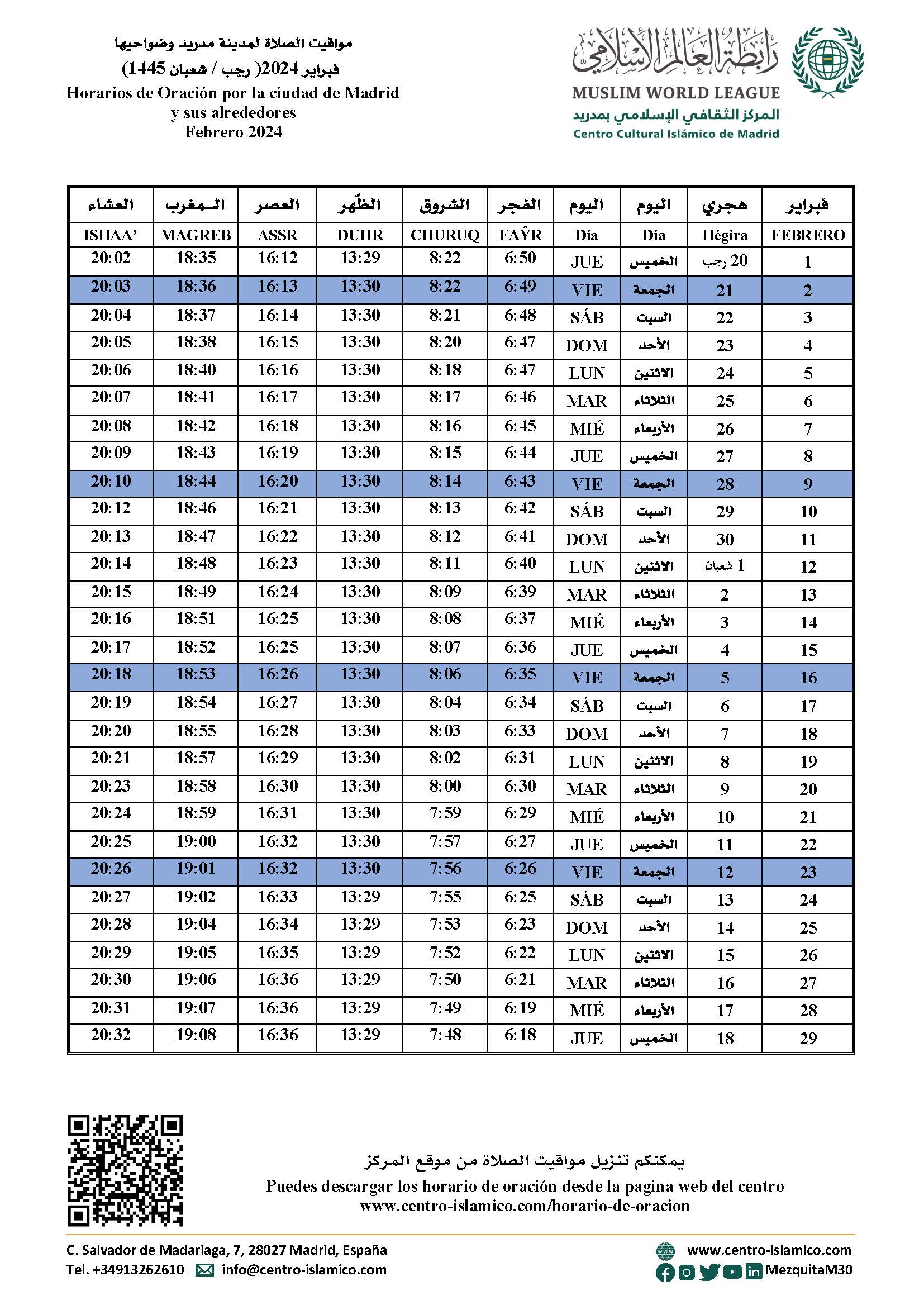 Horario de oración – Febrero 2024 - Centro Cultural Islámico de Madrid